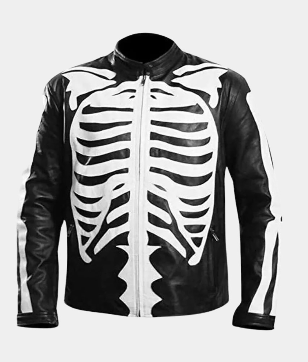Men's Skeleton Printed Cafe Racer Leather Jacket