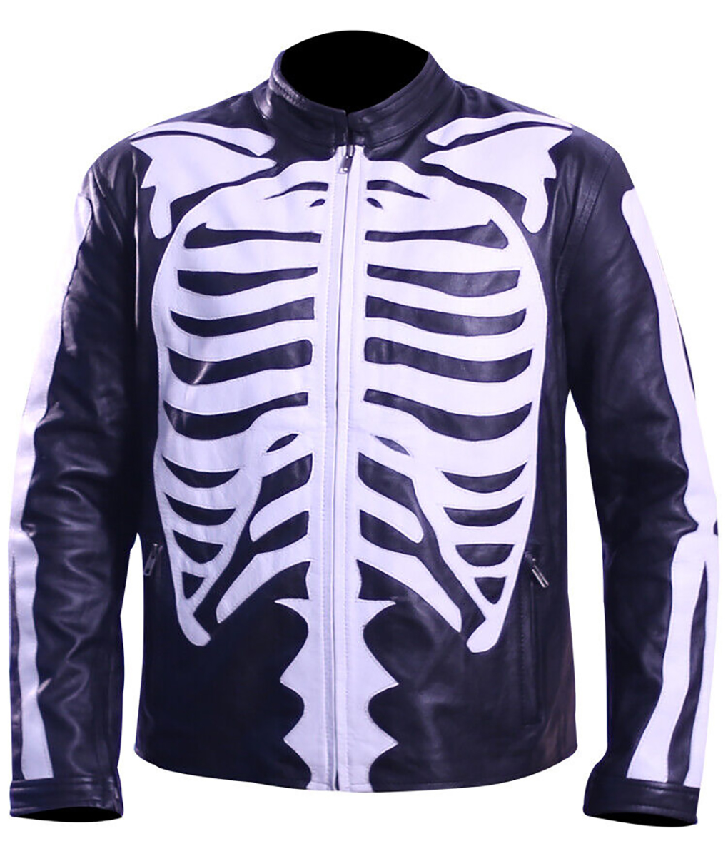Men's Skeleton Printed Cafe Racer Leather Jacket