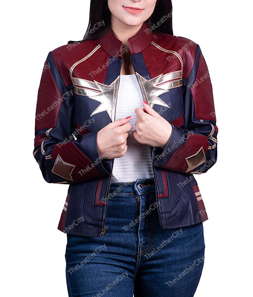 Captain Marvel (Brie Larson) Leather Jacket in Blue and Maroon Color ...