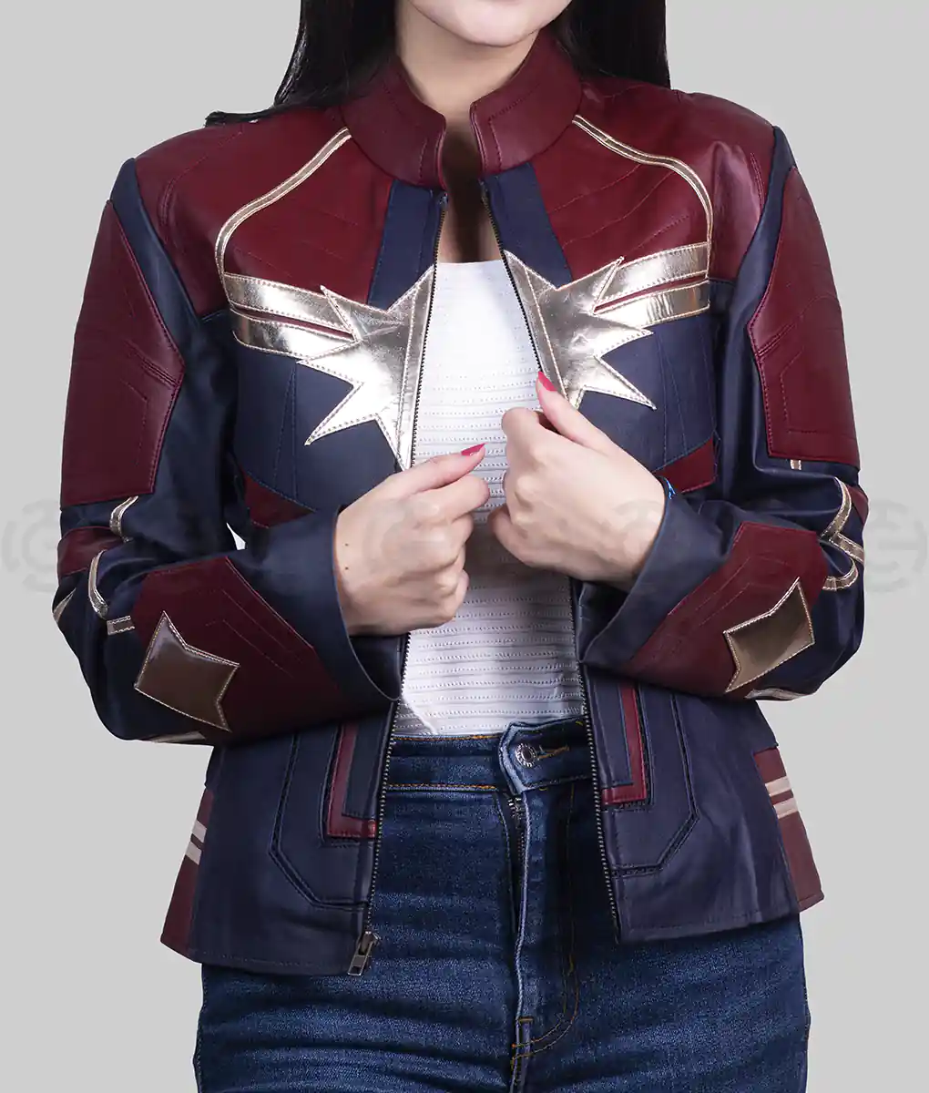 Captain Marvel (Brie Larson) Leather Jacket in Blue and Maroon Color ...