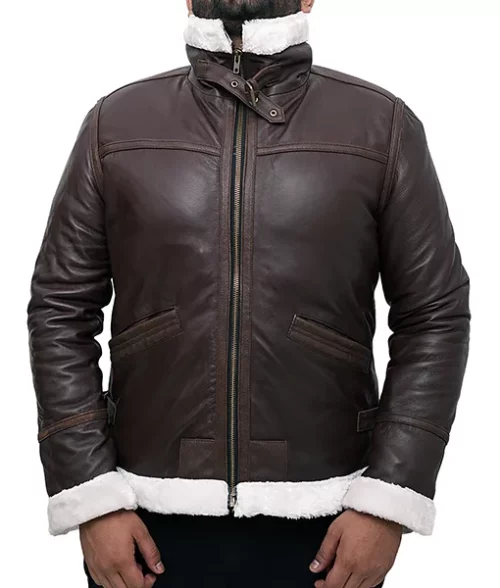 Men's Classic Brown Aviator Bomber Jacket - Faux Shearling Leather Jacket