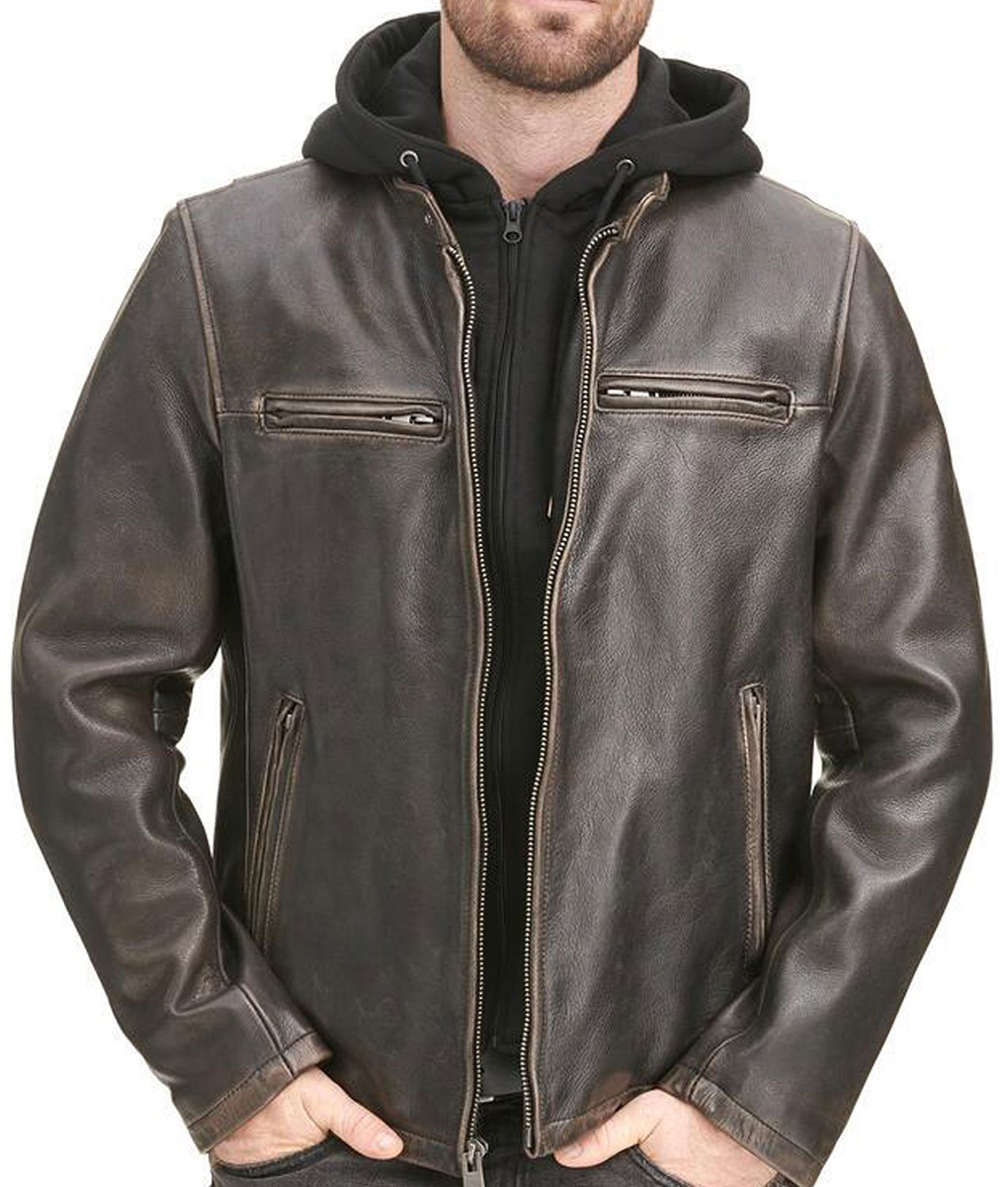 Men's Wayne Vintage Brown Hooded Café Racer Leather Jacket | TLC