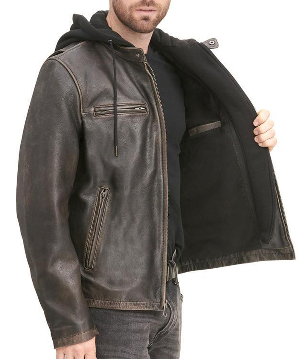 Men's Wayne Vintage Brown Hooded Café Racer Leather Jacket | TLC