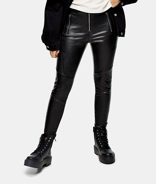 Womens Quilted Panels Black Leather Pant | TLC