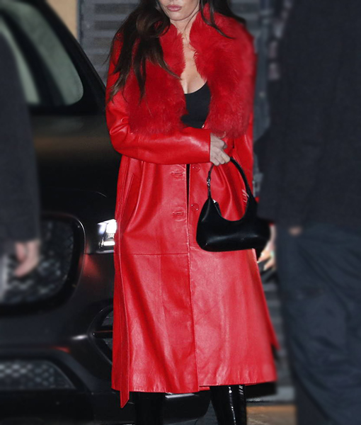 Megan Fox Fur Red Leather Trench Coat sighted on Nobu Malibu | TLC