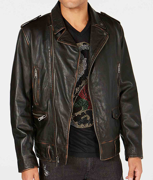 Men's Asymmetrical Zipper Distressed Brown Double Rider Jacket | TLC