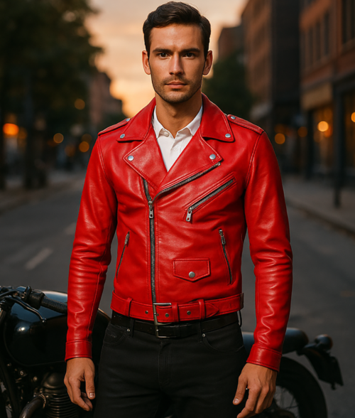 Men's Bulky Red Leather Double Rider Motorcycle Jacket | TLC
