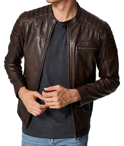 Men's Celero Quilted Shoulders Café Racer Brown Leather Jacket