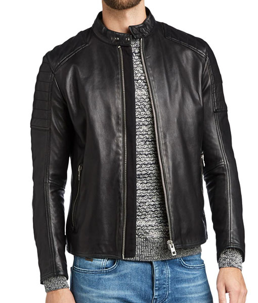 Men's Jayzee Quilted Shoulders Café Racer Black Leather Jacket | TLC