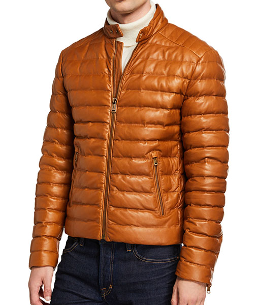Men's Lux Brown Real Leather Puffer Jacket | TLC