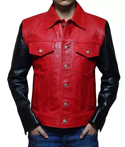 Men's Red and Black Trucker Leather Jacket | TLC