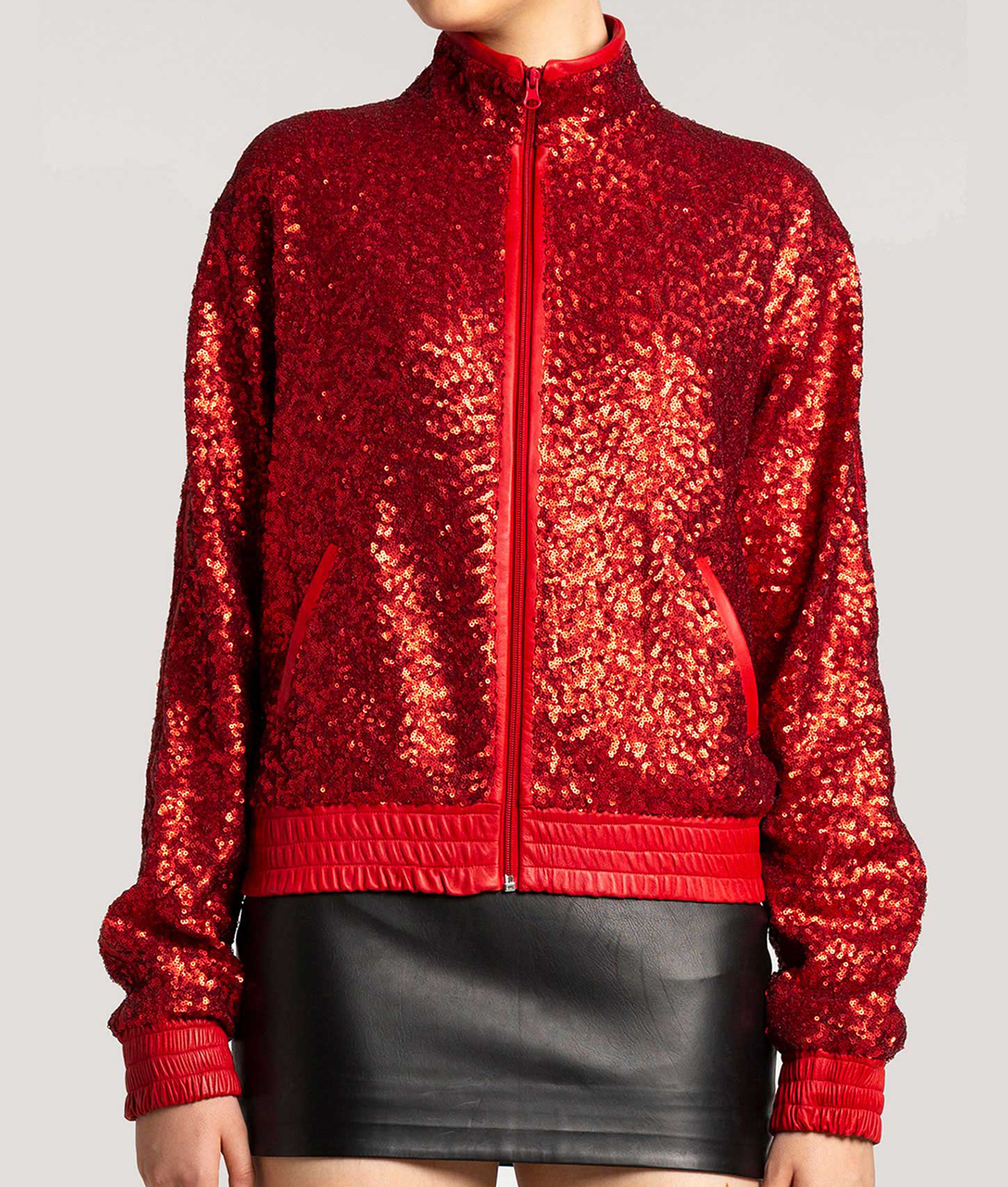 Womens Sequin Red Bomber Jacket - TLC