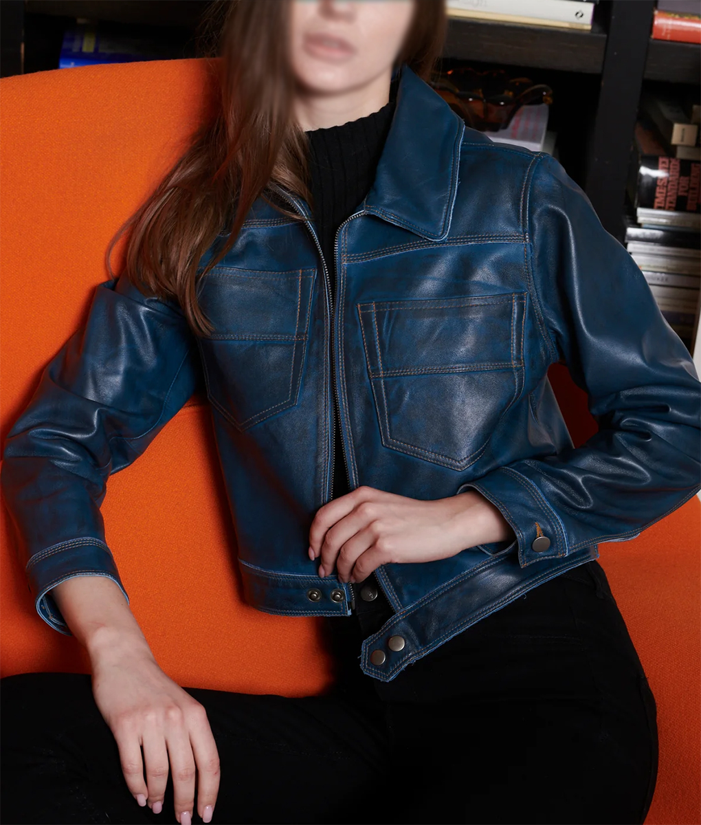 Blue Cropped Leather Jacket