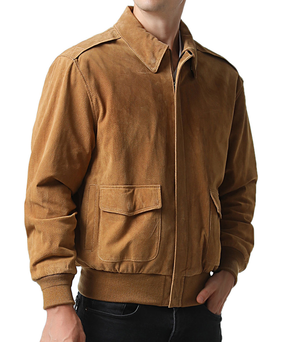 Khai Men's Caramel RAF A2 Flight Bomber Suede Jacket