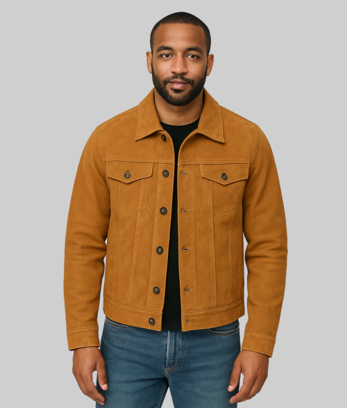 Koen Men's Tan Brown Biker-Style Suede Trucker Jacket