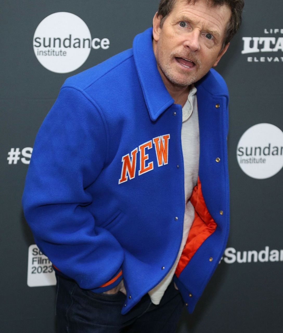 Still: A Michael J. Fox Movie Premiere' New York Blue Wool Jacket