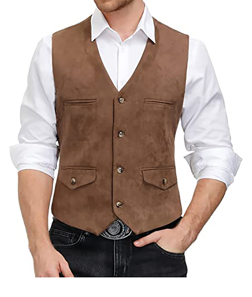 Carson Men's Brown V-Neck Cowboy Fitted Suede Vest