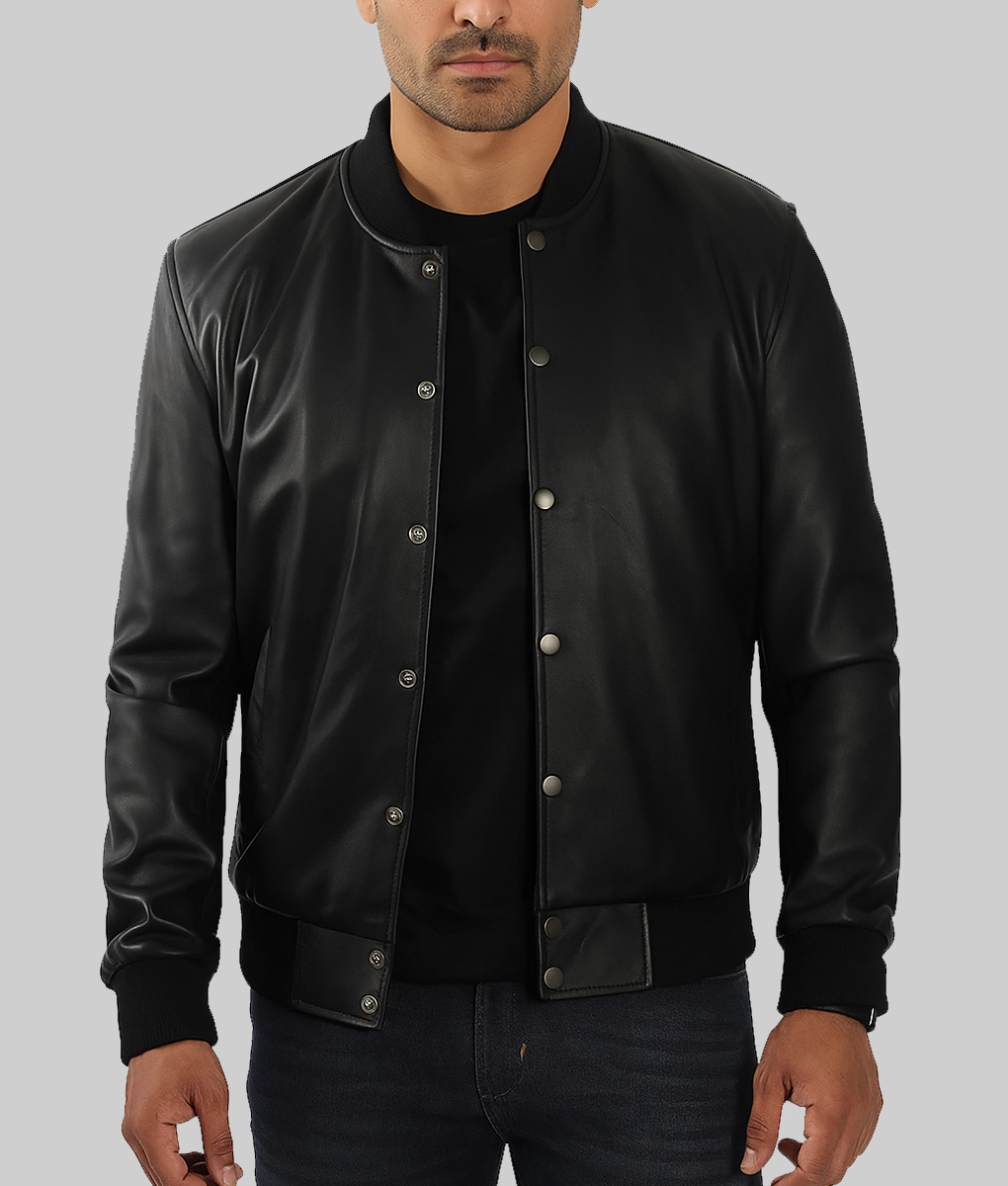 Eren Men's Black Buttoned Leather Bomber Jacket