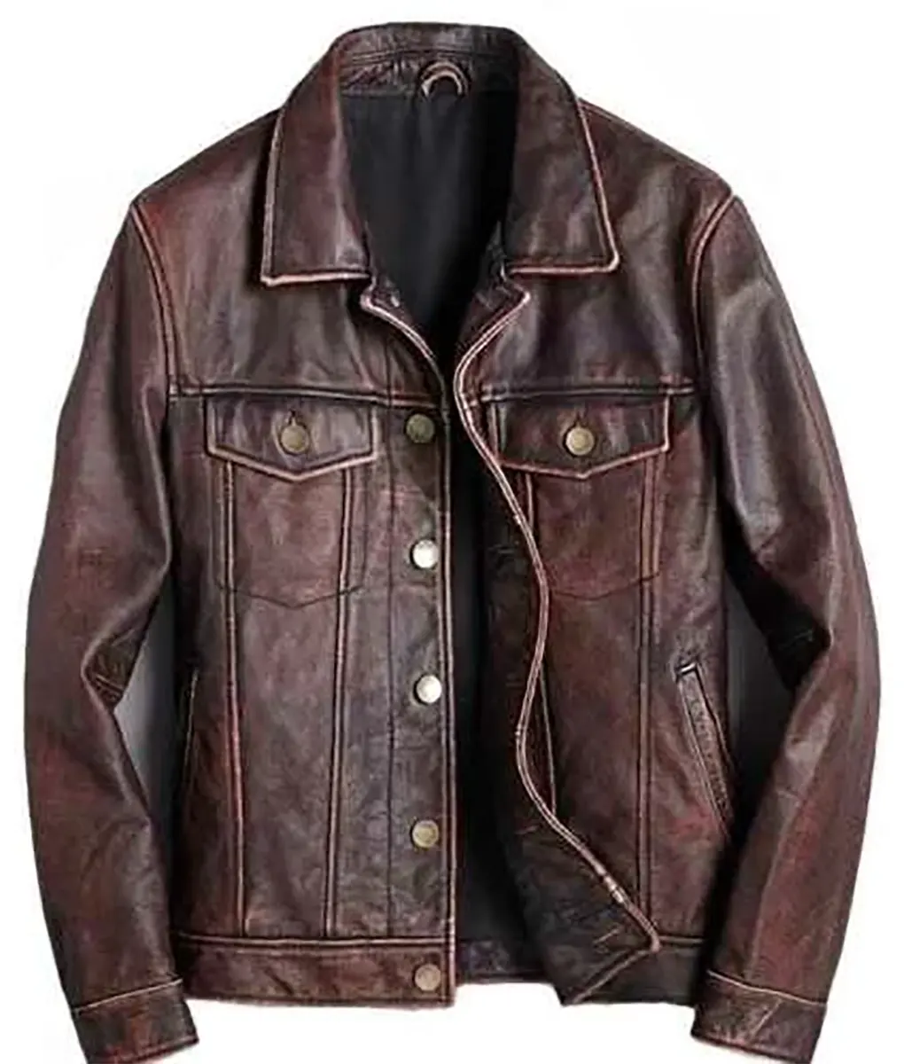 Jasper Men's Brown Classic Rugged Leather Trucker Racer Jacket