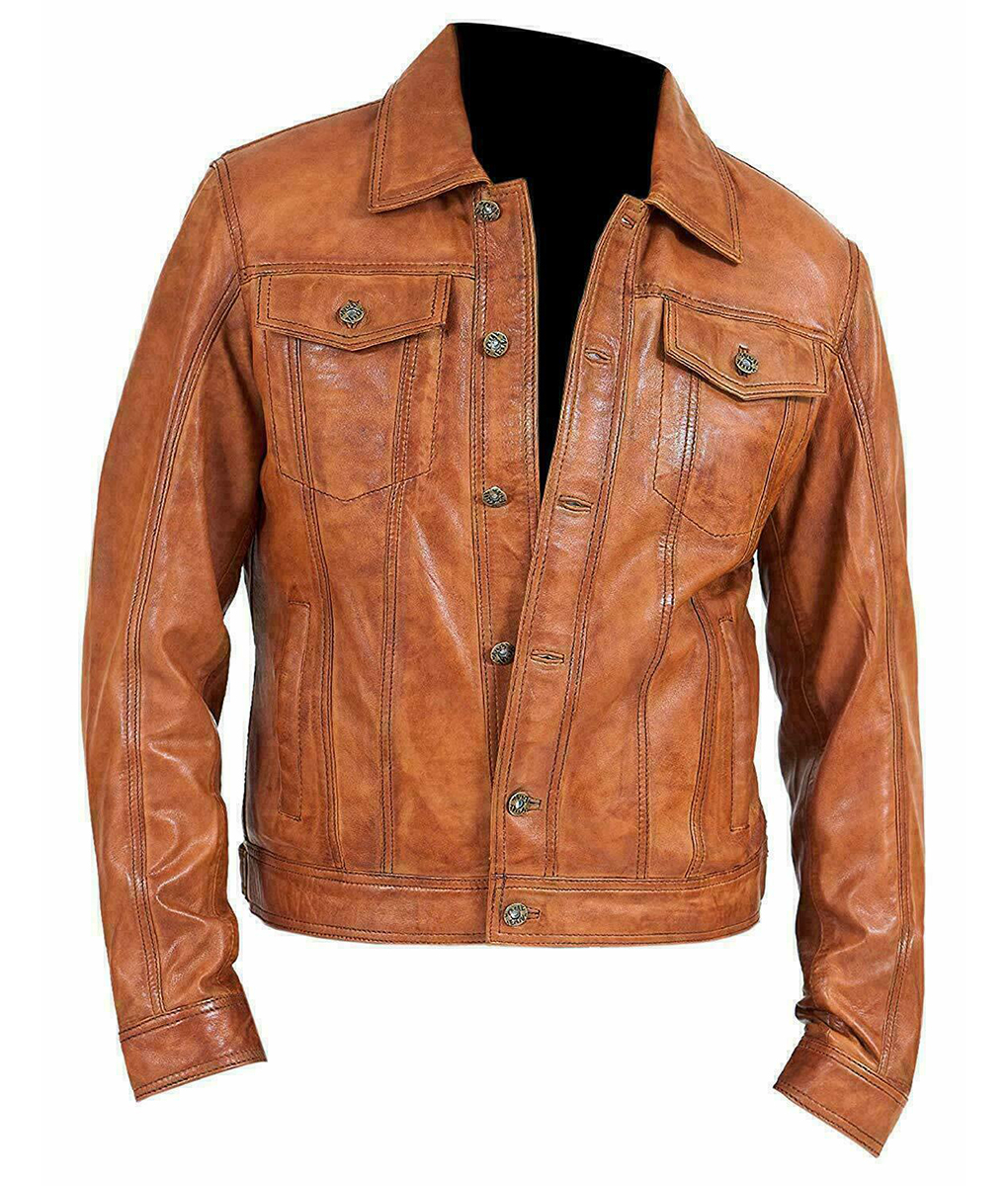 Max Men's Brown Distressed Fitted Leather Trucker Jacket