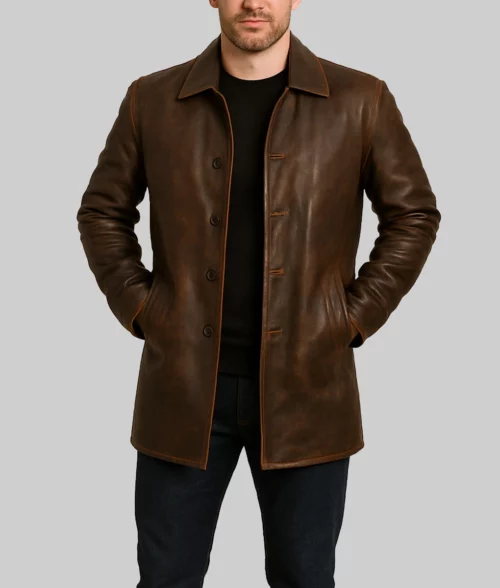 Reuben Men's Dark Brown Distressed Real Leather Sheriff Cowboy Coat