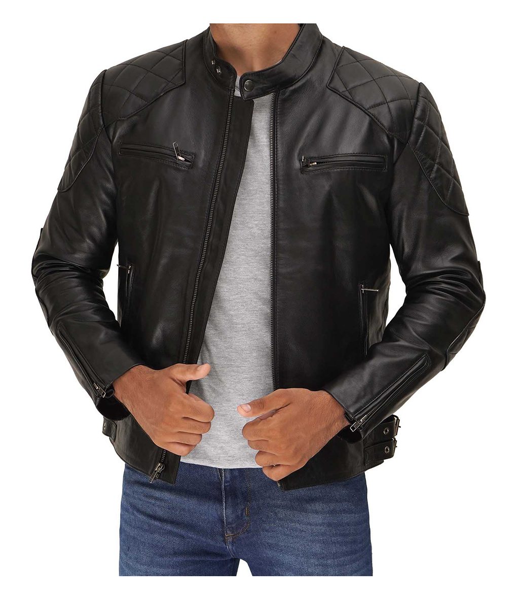 Wesley Men's Black Quilted Rugged Leather Cafe Racer Jacket