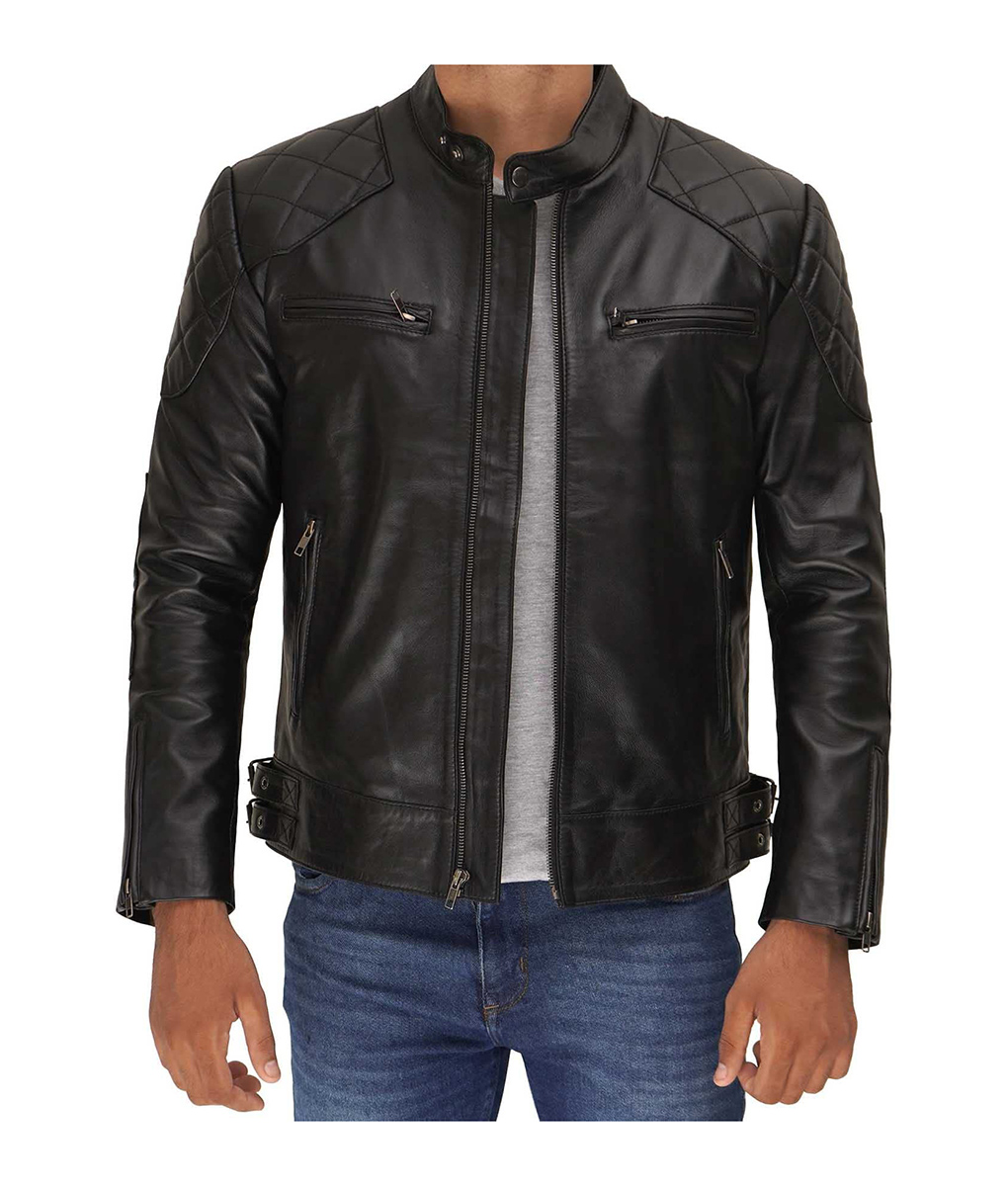 Wesley Men's Black Quilted Rugged Leather Cafe Racer Jacket