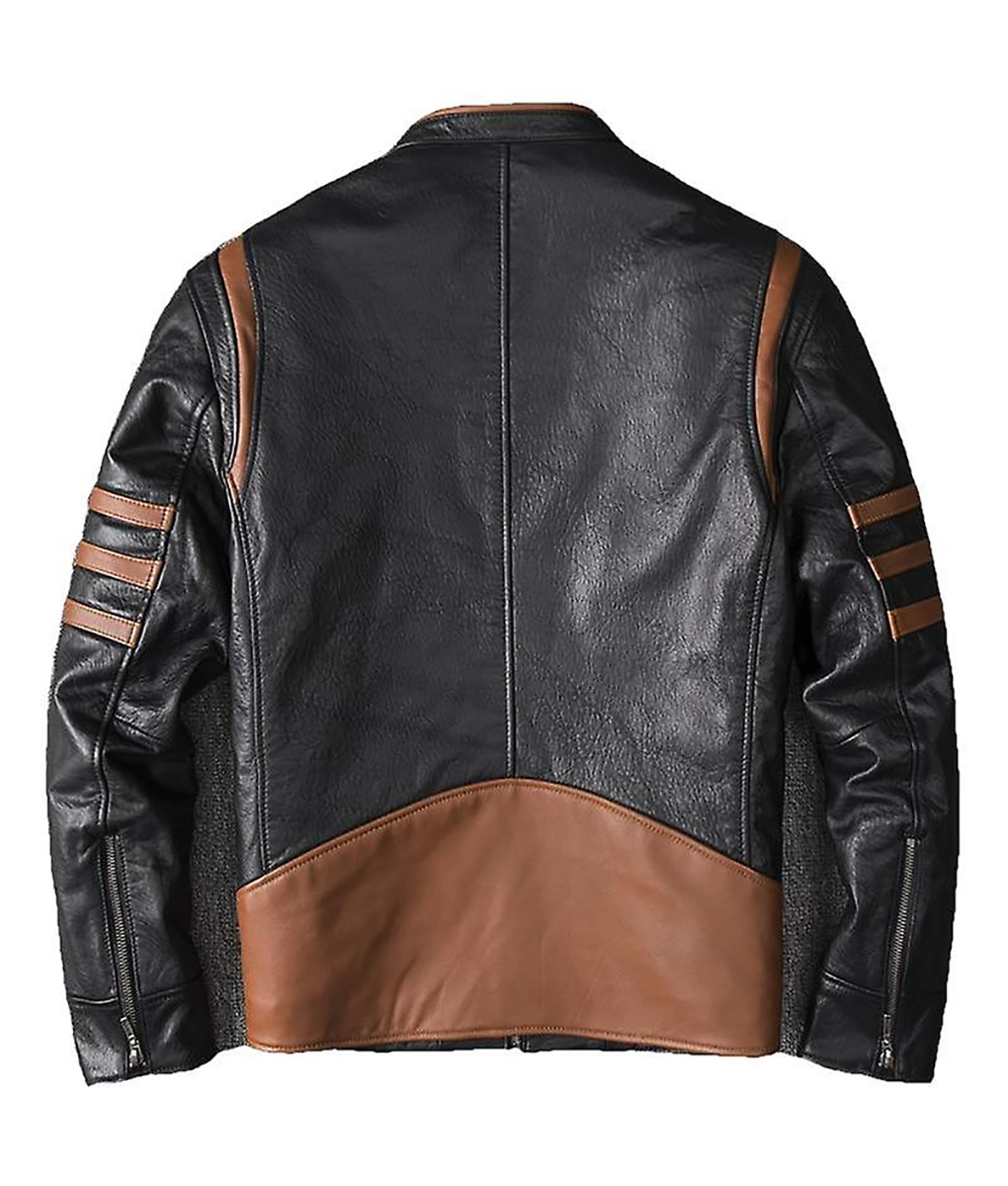 Wolverine Men's Black Striped Leather Cafe Racer Jacket
