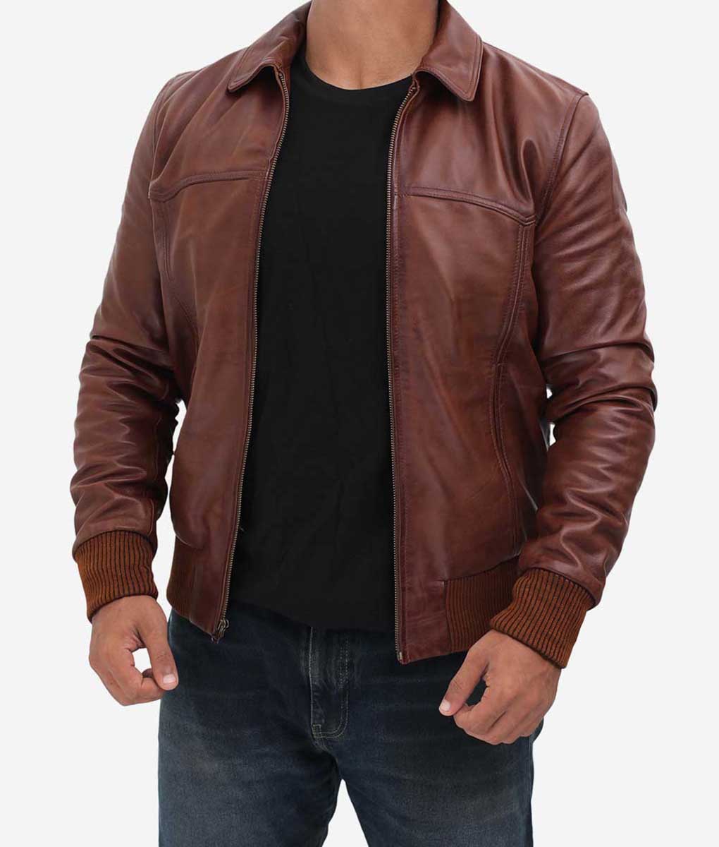 Zavier Men's Tan Shirt Collar Leather Bomber Jacket