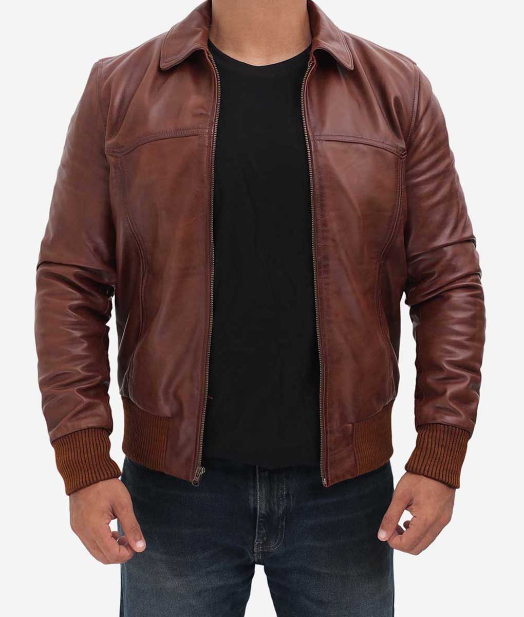 Zavier Men's Tan Shirt Collar Leather Bomber Jacket