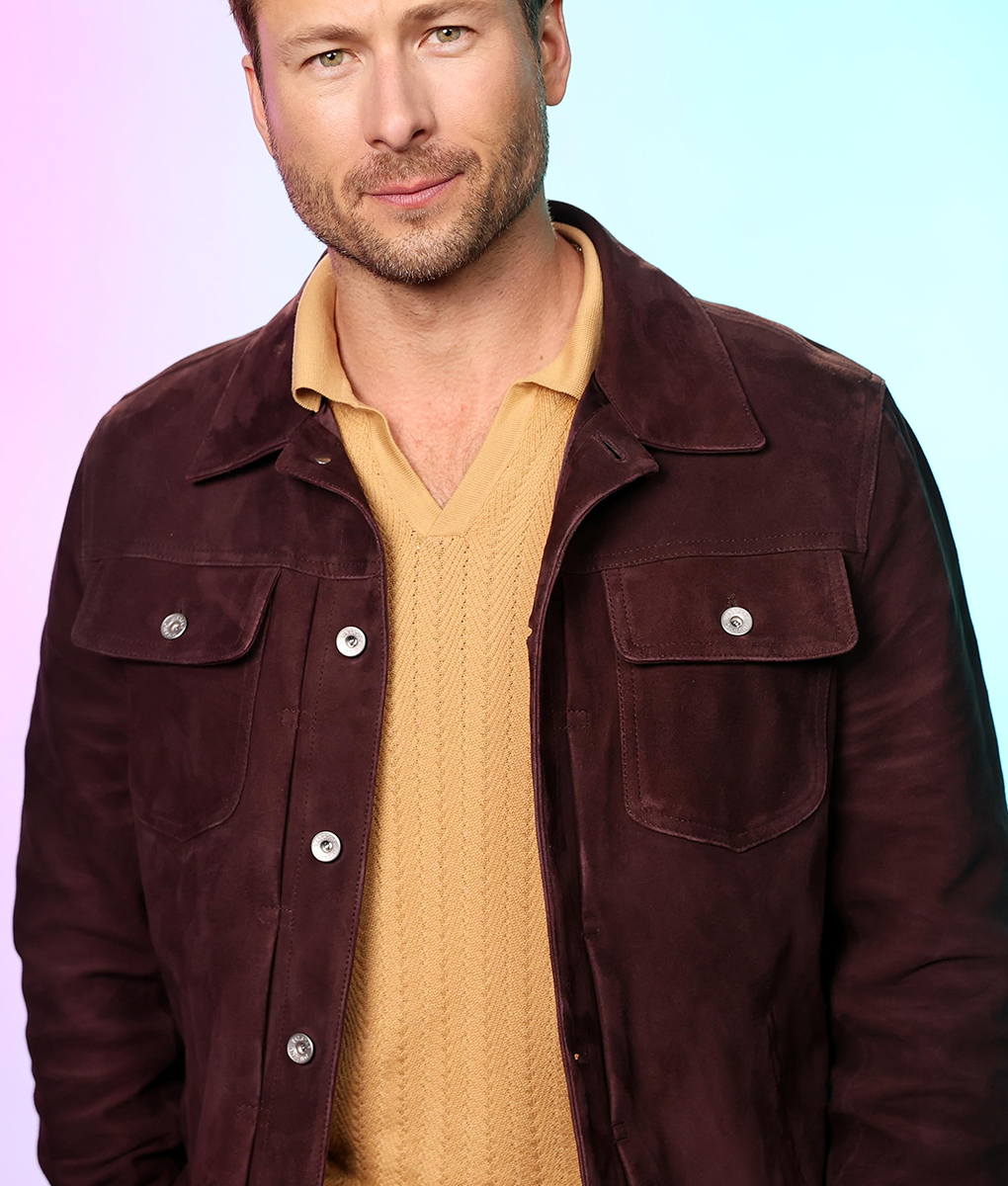 Glen Powell Hitman Gary Johnson Brown Suede Trucker Jacket | The ...