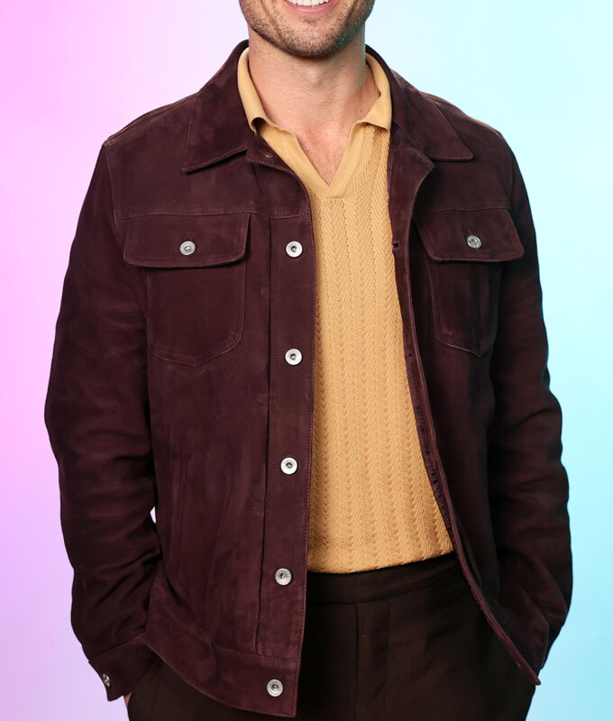 Glen Powell Hitman Gary Johnson Brown Suede Trucker Jacket | The ...