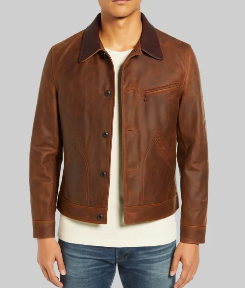 Mens Brown Button Leather Jacket - Button Leather Jacket | The Leather City