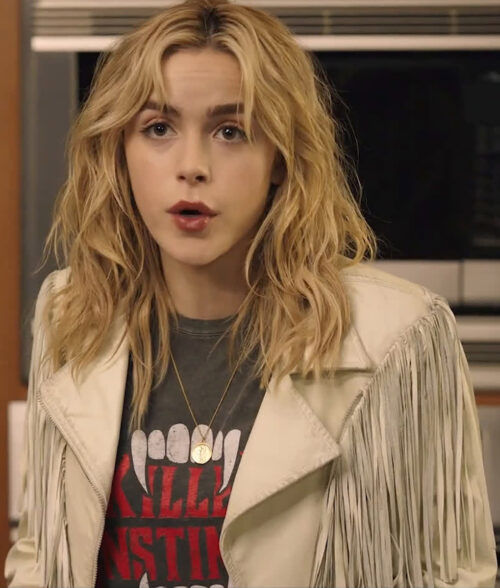 Totally Killer kiernan Shipka Leather Jacket - White Fringe Jacket ...