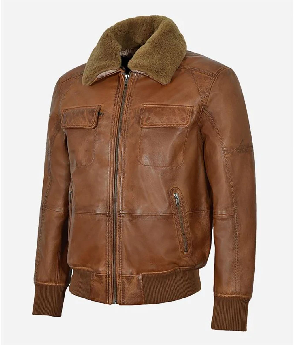 Men’s Fur Collar Brown Bomber Jacket | The Leather City