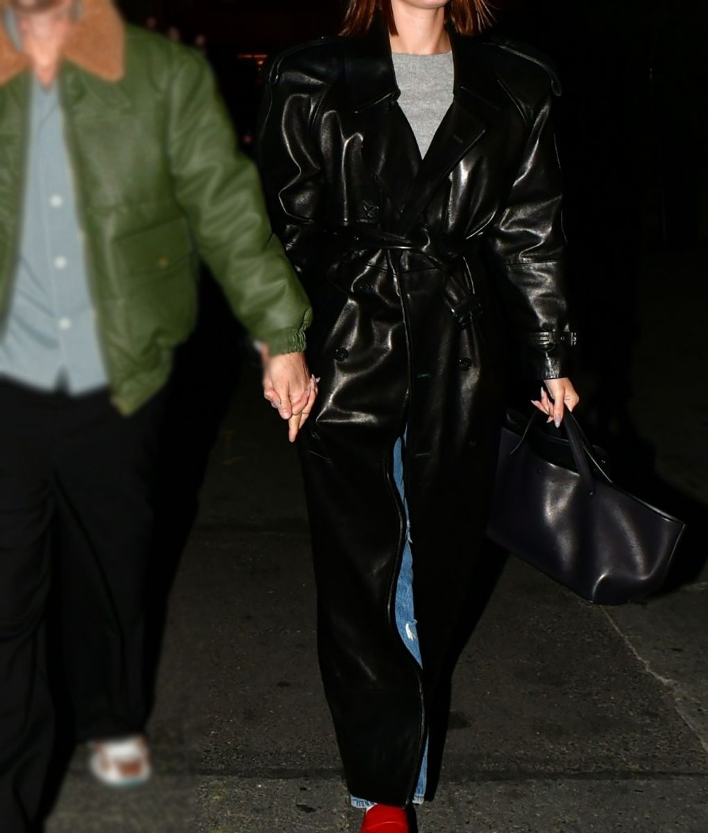 Hailey Bieber Black Leather Trench Coat | TLC