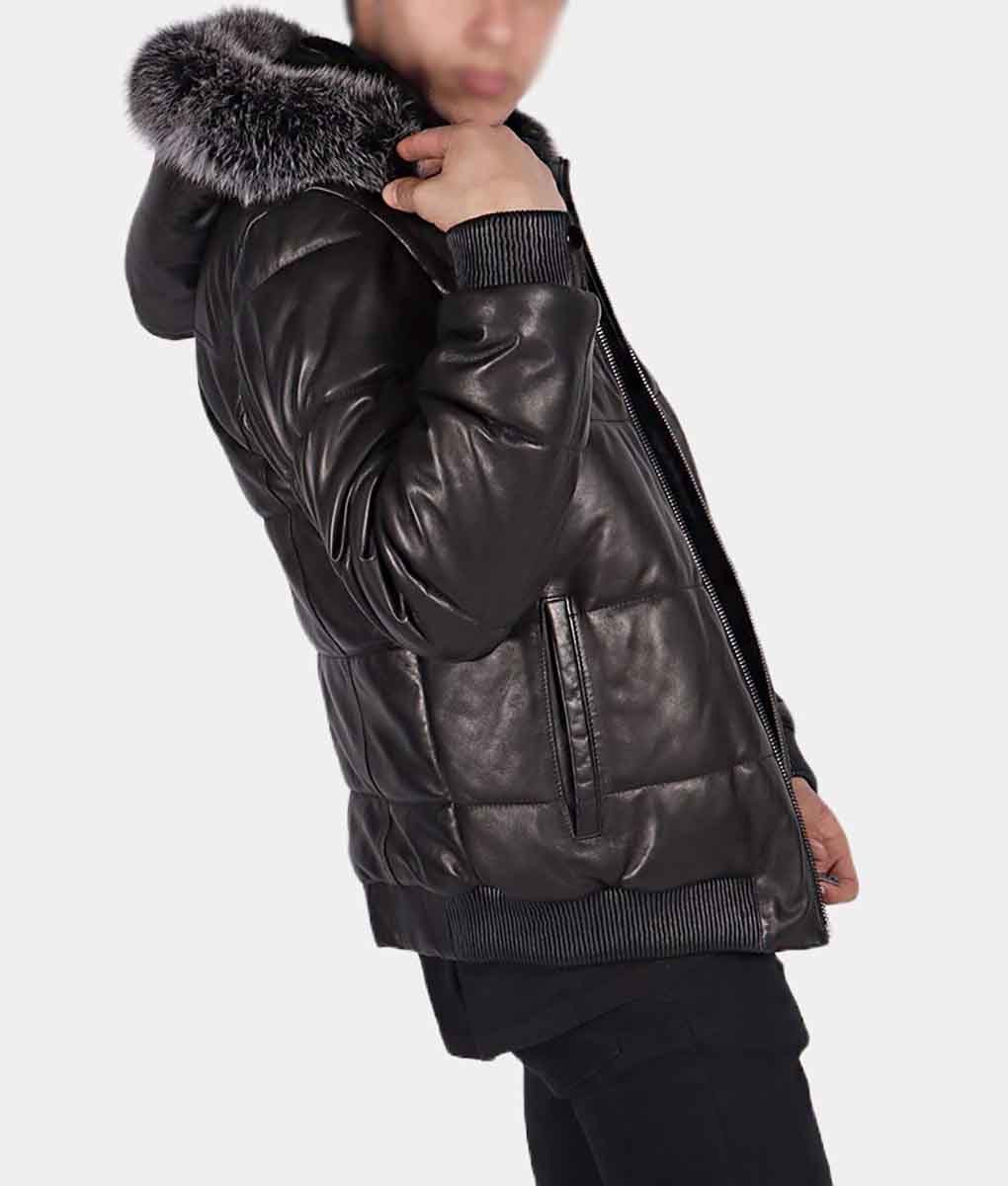 Mens Black Leather Puffer Jacket with Hood - Hooded Leather Puffer ...