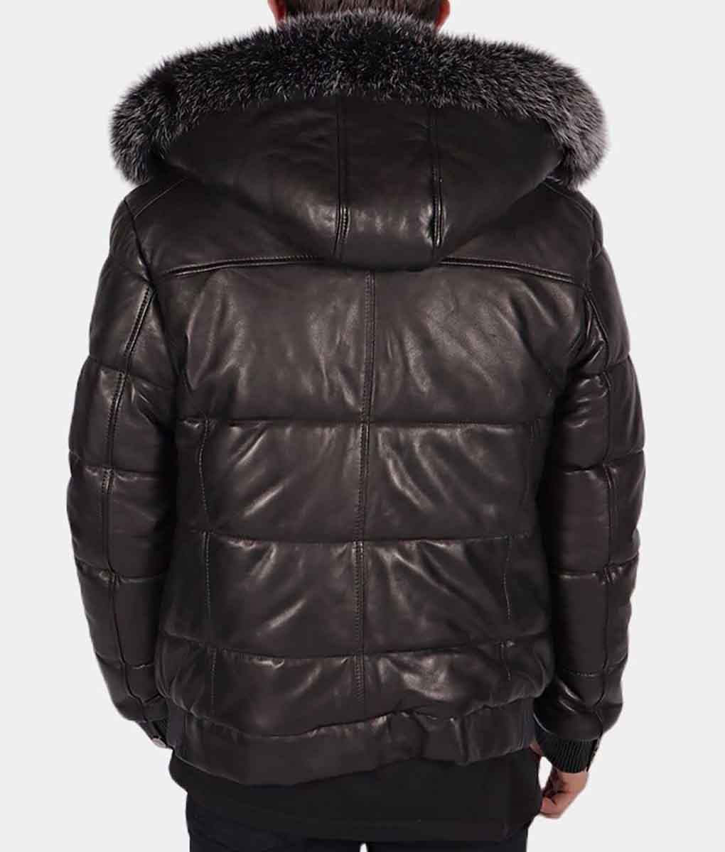 Mens Black Leather Puffer Jacket with Hood - Hooded Leather Puffer ...