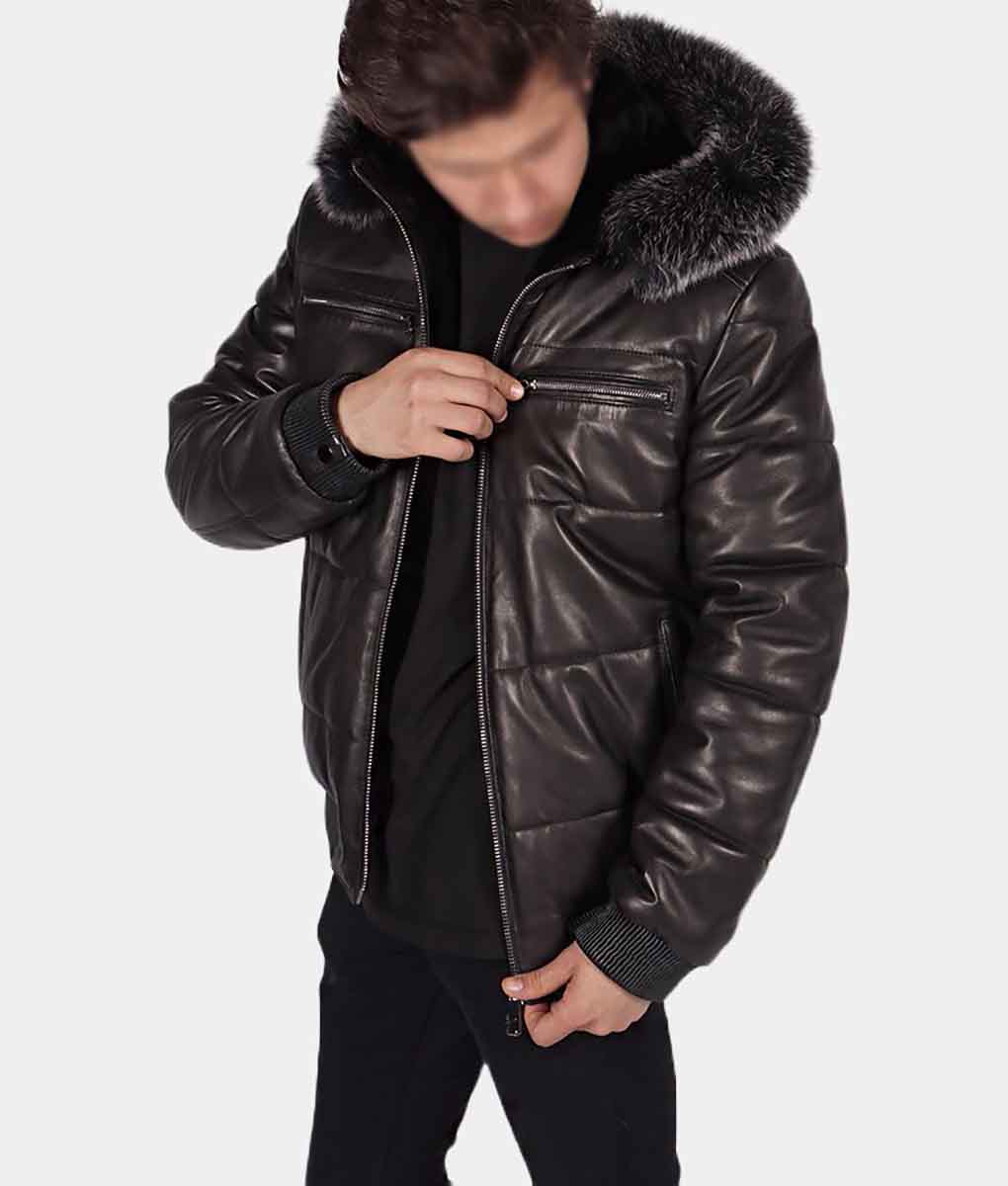 Mens Black Leather Puffer Jacket with Hood - Hooded Leather Puffer ...