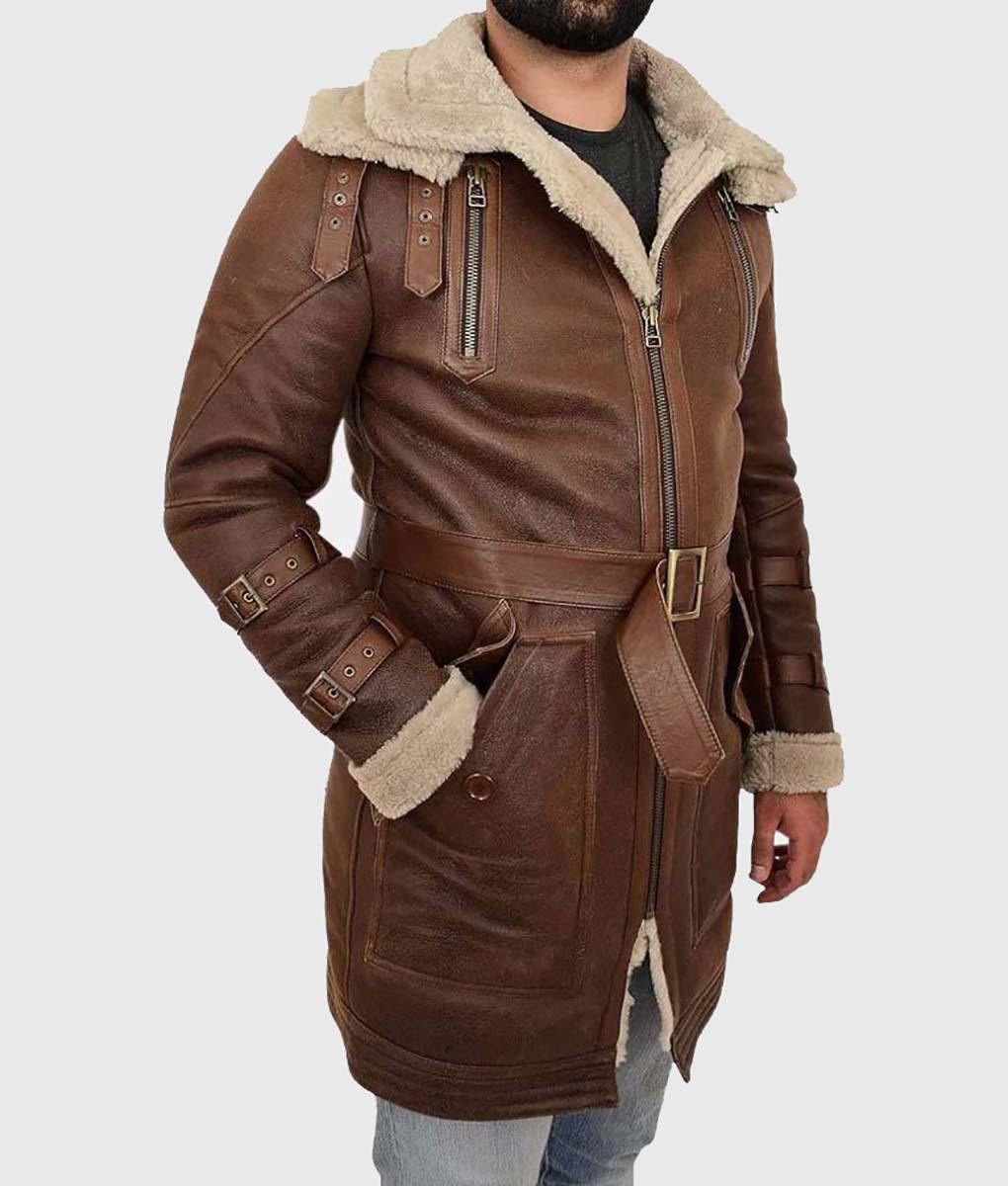 Joshua Mens Brown Leather Shearling Coat | The Leather City