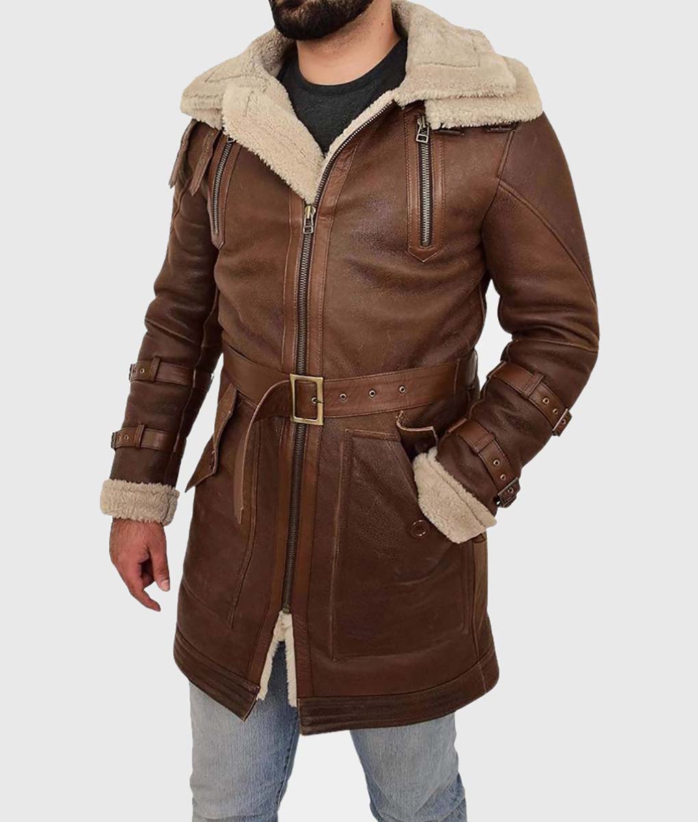 Joshua Mens Brown Leather Shearling Coat | The Leather City