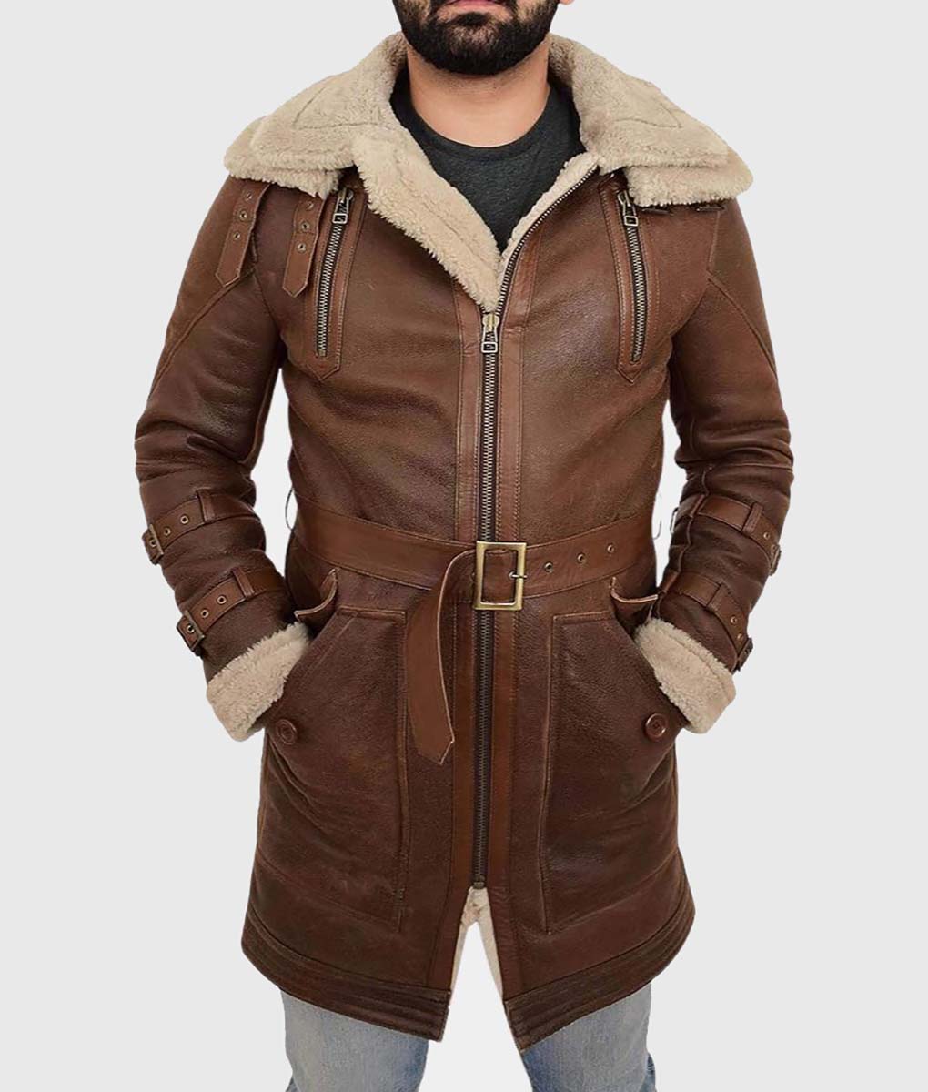 Joshua Mens Brown Leather Shearling Coat | The Leather City