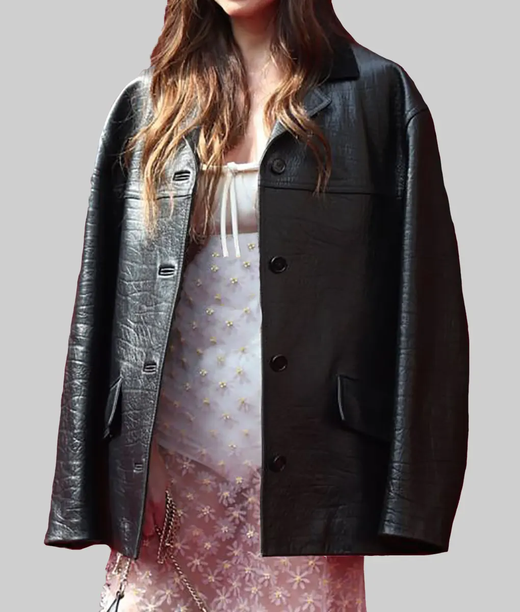 Dakota Johnson Black Crocodile Pattern Leather Jacket | TLC