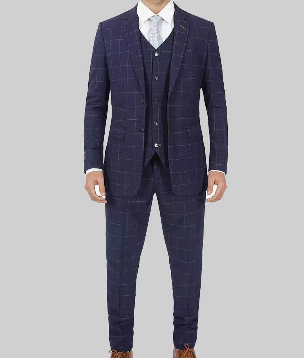 Mens Navy Blue Checkered Pattern 3 piece suit | The Leather City