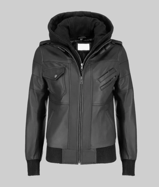 Cole Women’s Black Removable Hood Bomber Leather Jacket | Women's ...