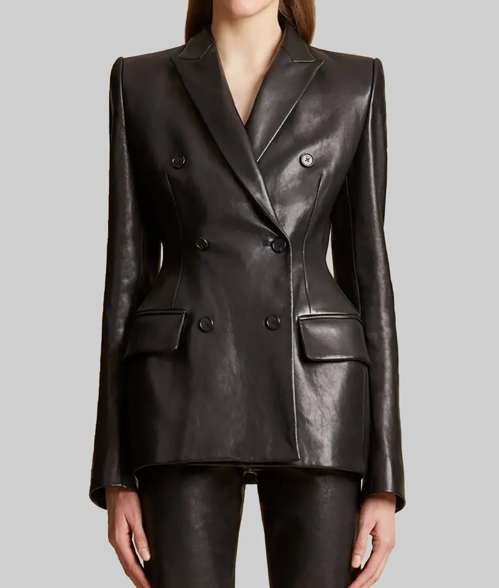 Lori Harvey Double Breasted Black Leather Blazer | The Leather City
