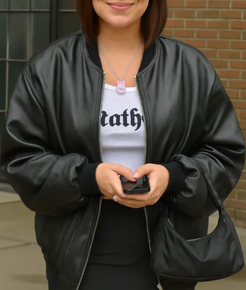 Singer Addison Rae Black Leather Oversized Bomber Jacket | TLC