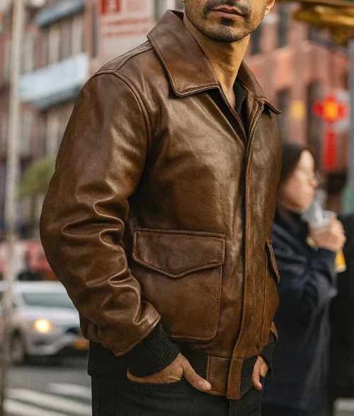 Relay Riz Ahmed (Tom) Distressed Leather Bomber Jacket | TLC