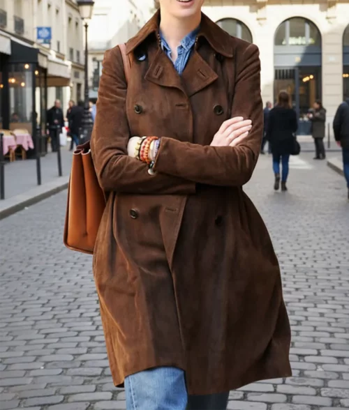 Anne Hathaway Double Breasted Brown Suede Coat | TLC